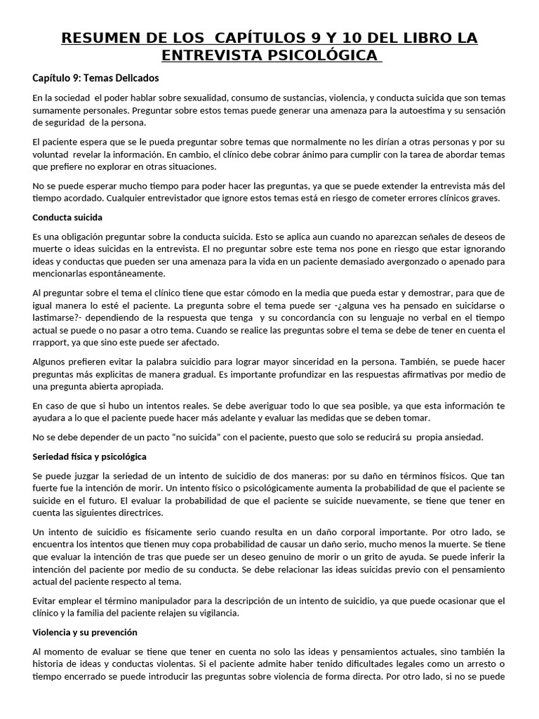 Resumen de Los Capítulos 9 y 10 Del Libro La Entrevista Psicológica | PDF | Suicidio | Violación