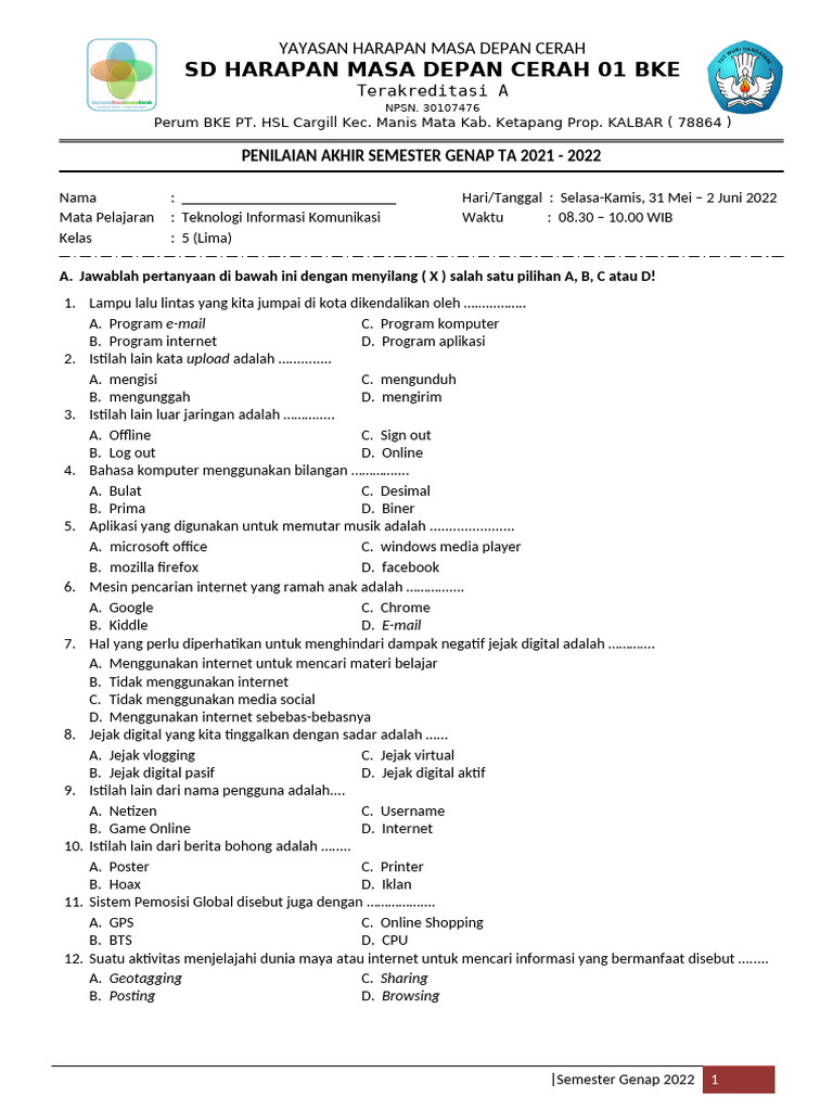 Soal Pas Tik - Kelas 5 | PDF