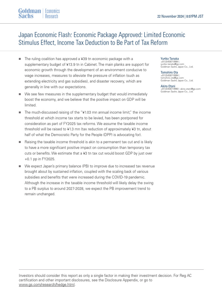 Japan's ¥39 Trillion Economic Package Overview | PDF | Taxes | Tax Cut