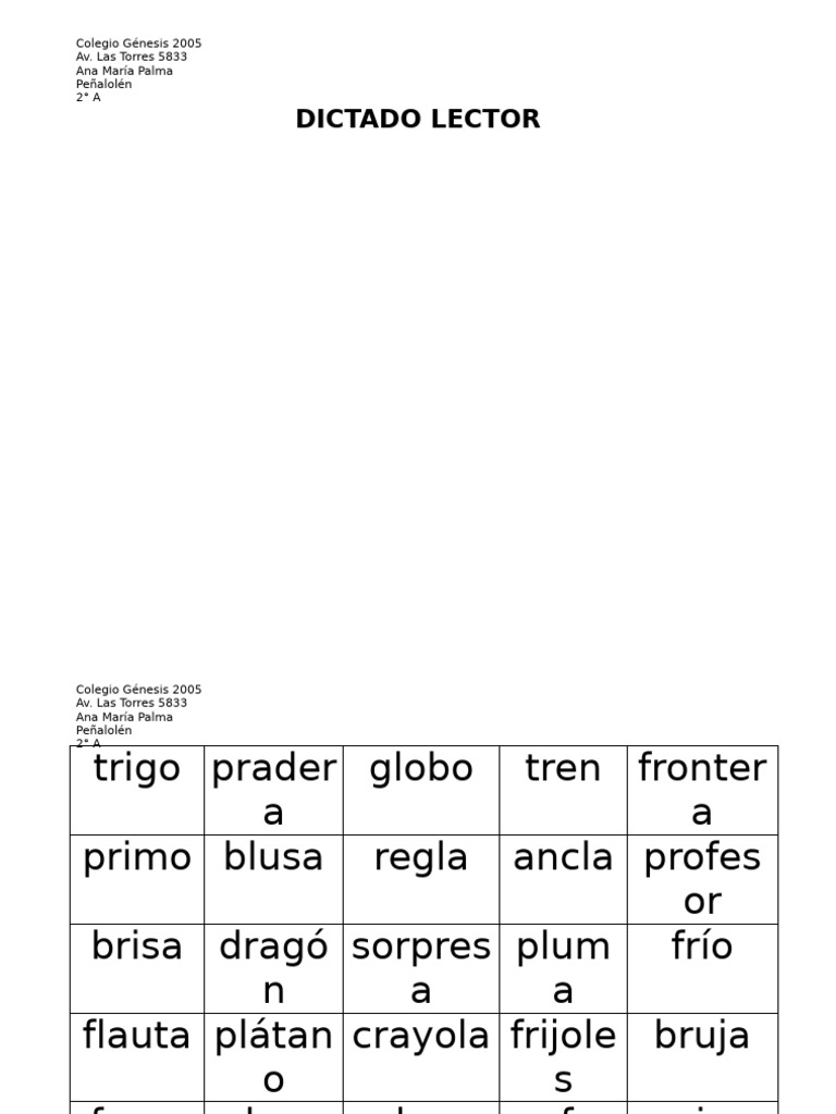 Dictado Lector 2° A Colegio Génesis | PDF
