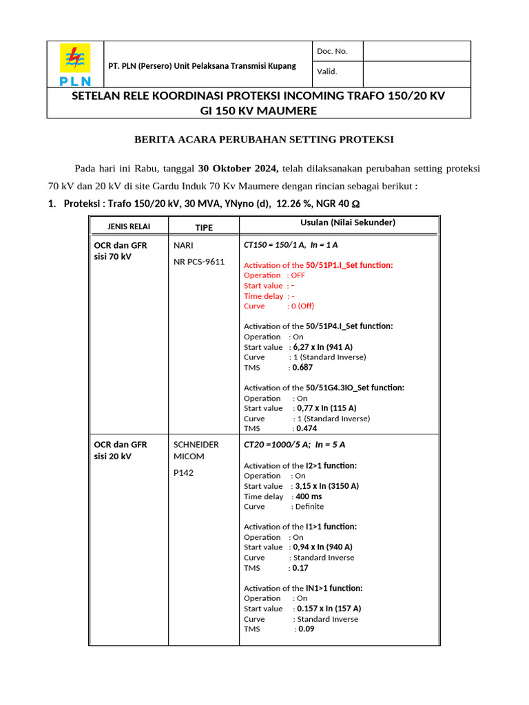 Setting Proteksi Trafo 150/20 KV Maumere | PDF