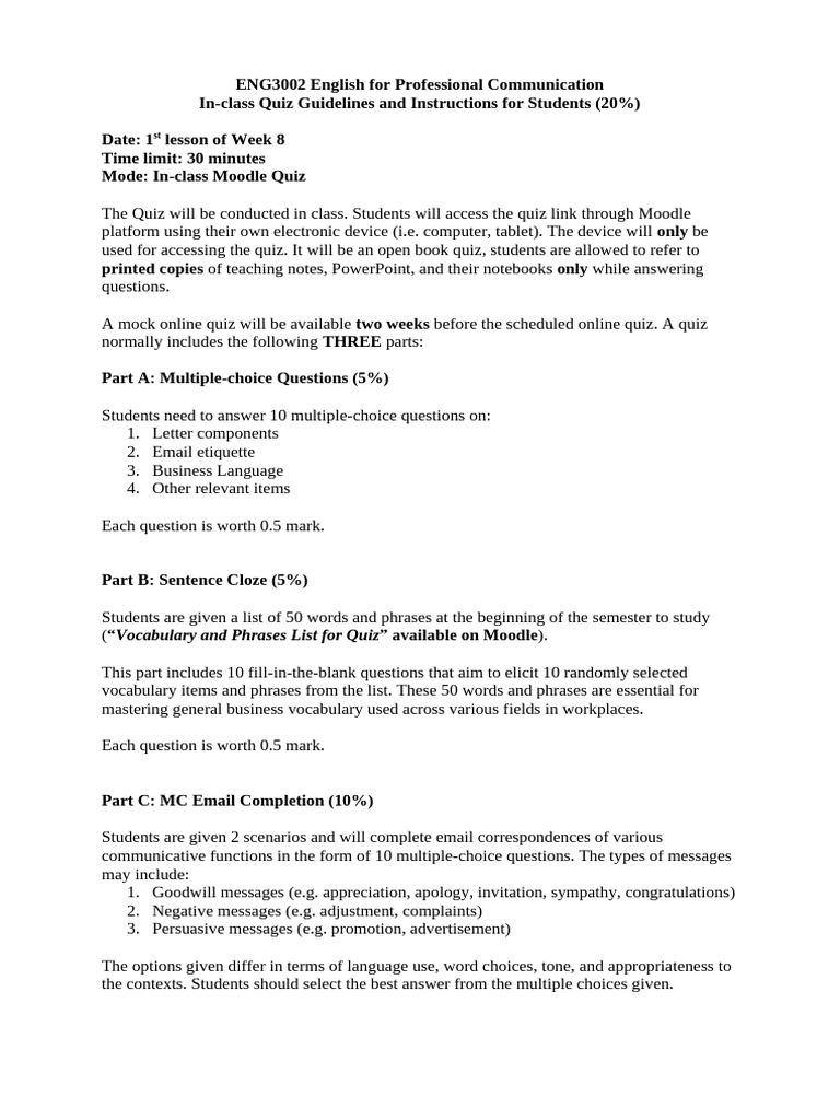 ENG3002 In-Class Quiz Guidelines | PDF
