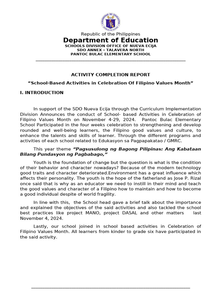 ACR ON School-Based Activities in Celebration of Filipino Values Month ...