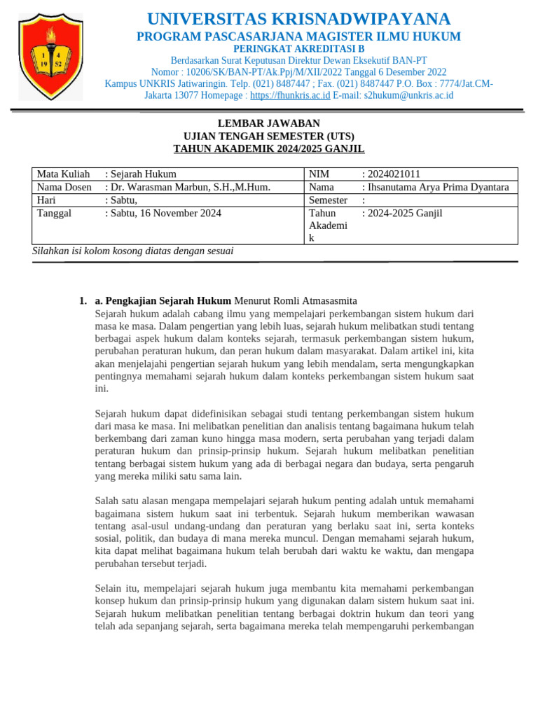 Lembar Jawaban Uts - 2024021011 - Ihsanutama Arya Prima Dyantara - Sejarah Hukum | PDF