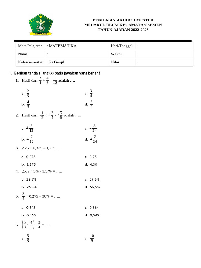 SOAL & Jawaban PAS MTK KLS 5 K-13 | PDF