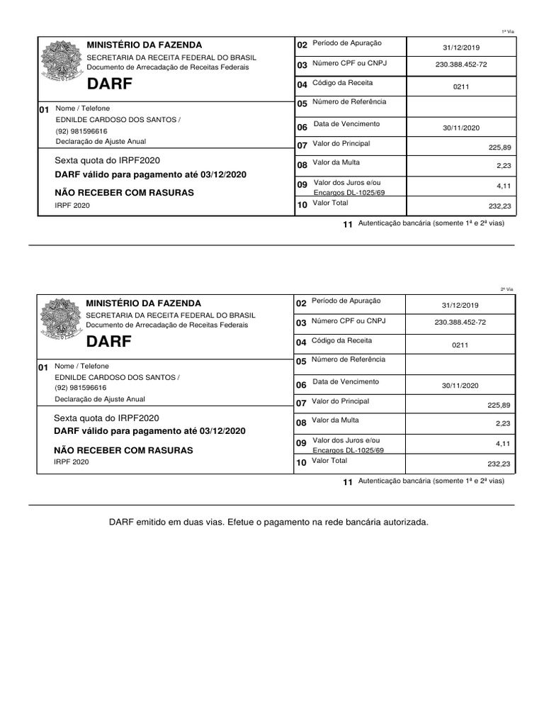 DARF IRPF 2020: Guia de Pagamento | PDF | Brasil