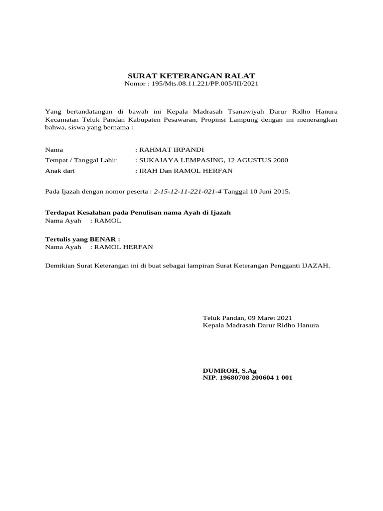 Surat Keterangan Ralat | PDF