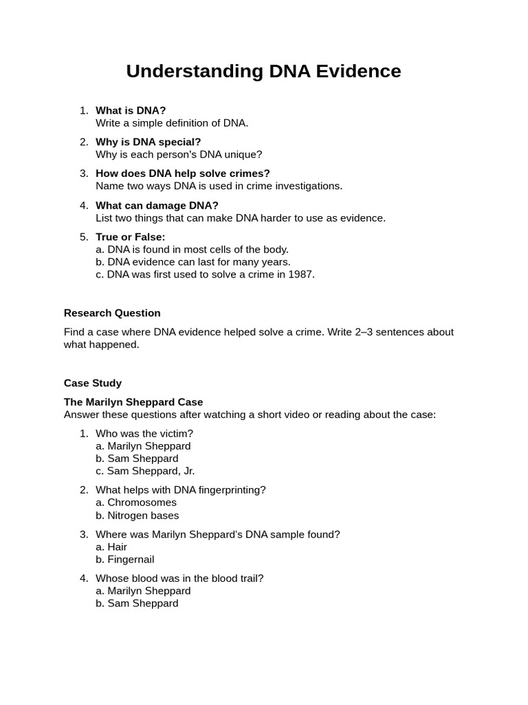DNA Evidence Worksheet | PDF | Dna Profiling | Law Enforcement Techniques