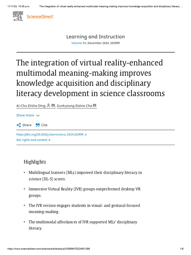 2024 The Integration of Virtual Reality-Enhanced Multimodal Meaning-Making Improves Knowledge ...