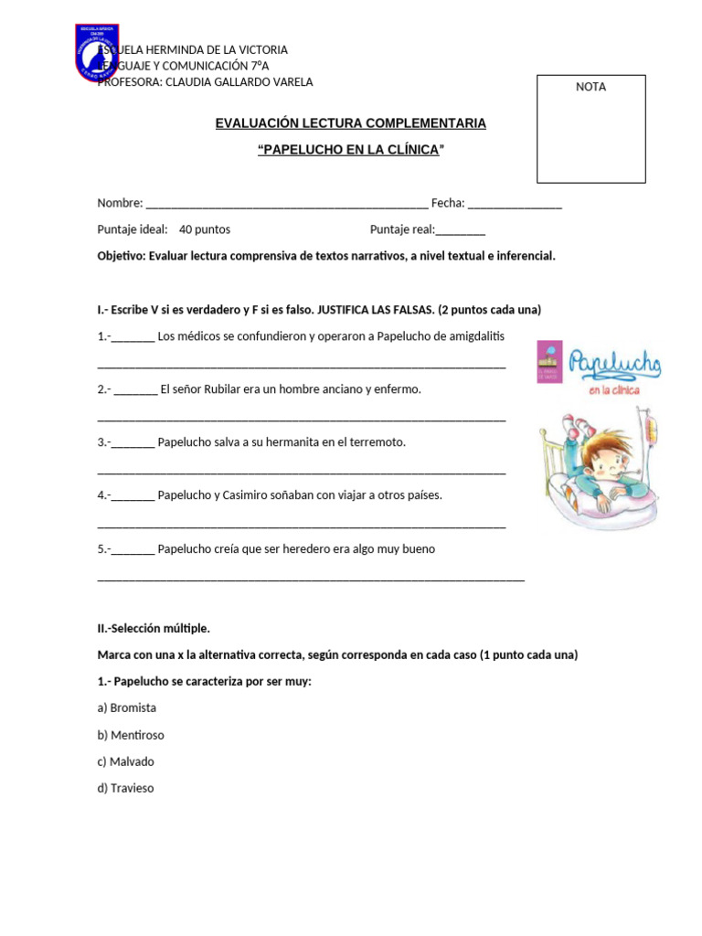EVALUACIÓN LECTURA COMPLEMENTARIA Papelucho | PDF