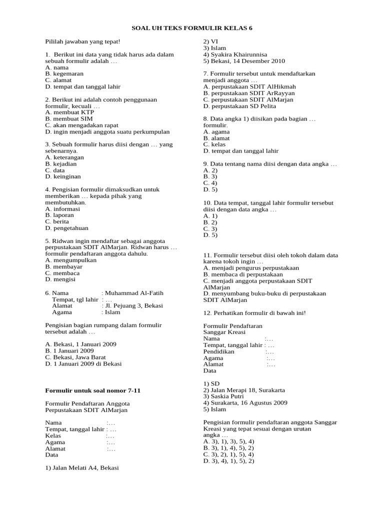 Soal Latihan Teks Formulir Kelas 6 | PDF