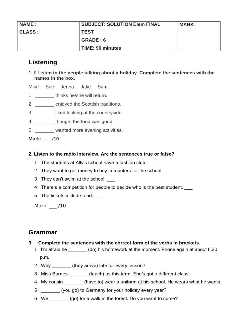 Final Test Solutions Elem | PDF