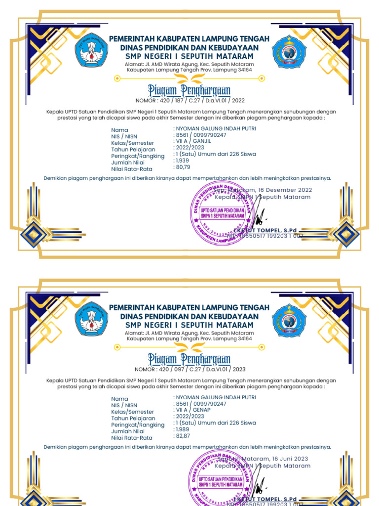 Piagam Penghargaan Siswa Berprestasi SMPN 1 Seputih Mataram | PDF
