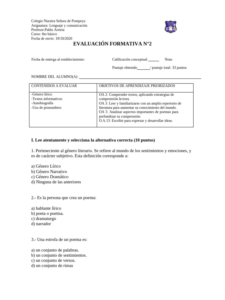 Lenguaje 6° Basico Evaluacion Formativa N°2 | PDF | Poesía
