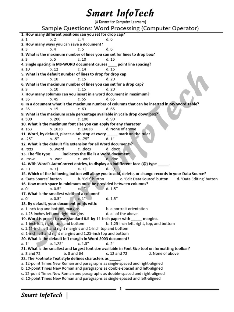 Word Processing (MCQ) | PDF | Microsoft Word | Letter Case