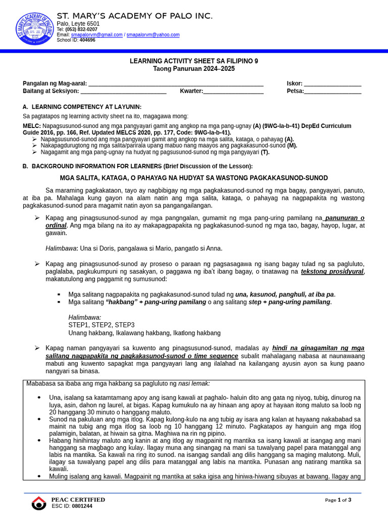 Learning Activity Sheet Day 2 Filipino9 | PDF