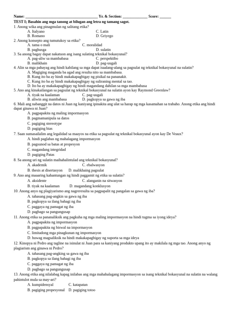 Long Quiz Filipino 12 Module 7-8 | PDF