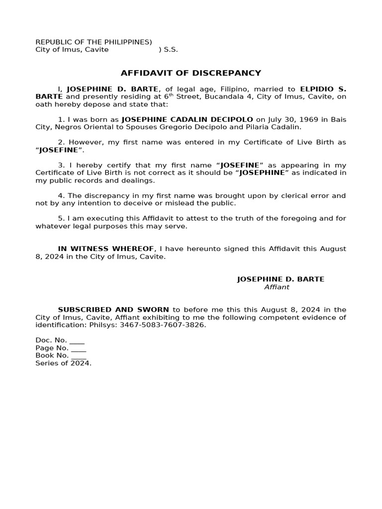 Affidavit of Discrepancy Barte | PDF