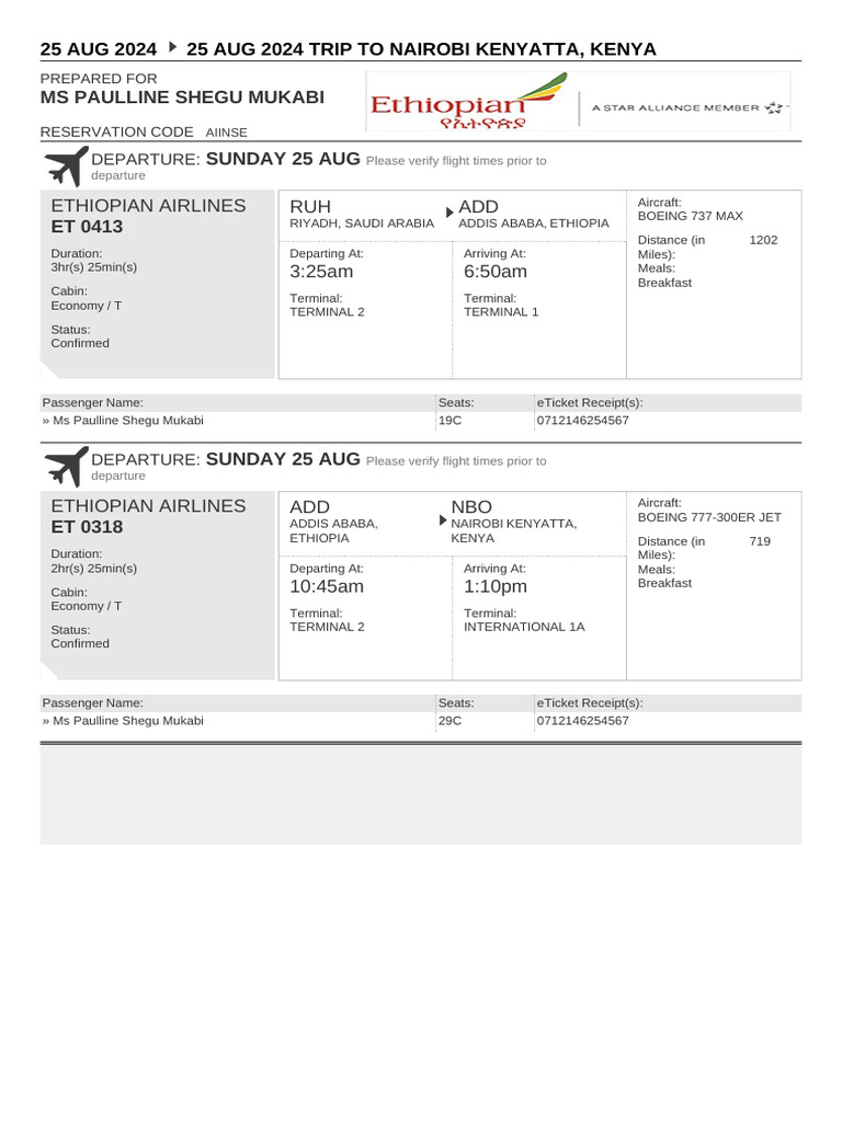 Travel Reservation August 25 For Ms Paulline Shegu Mukabi | PDF ...
