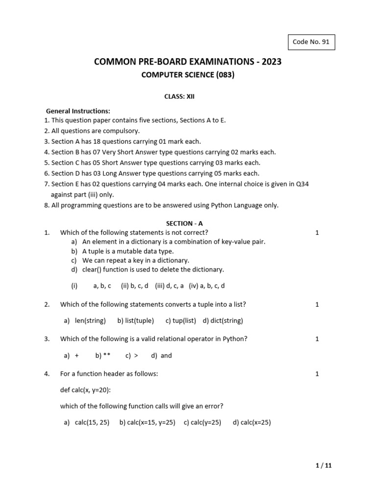 Computer Science PRE BOARD QP 2022 23 | PDF | Computing | Software Engineering