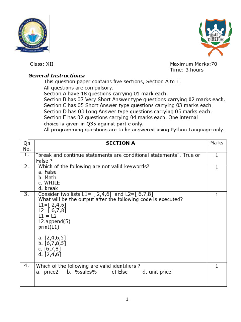 1..Qp Class Xii Comp SC Common Board 2022 23 | PDF | Parameter (Computer Programming) | Table ...