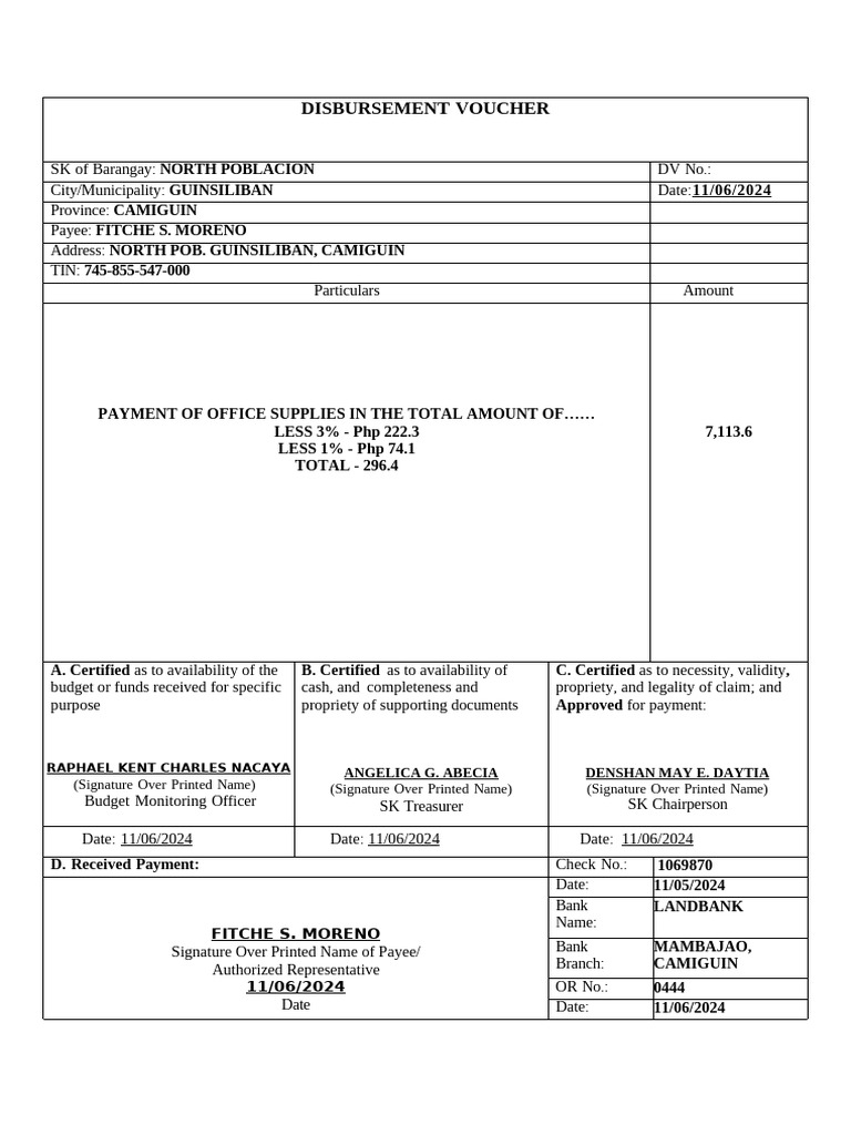 Disbursement Voucher 1 | PDF