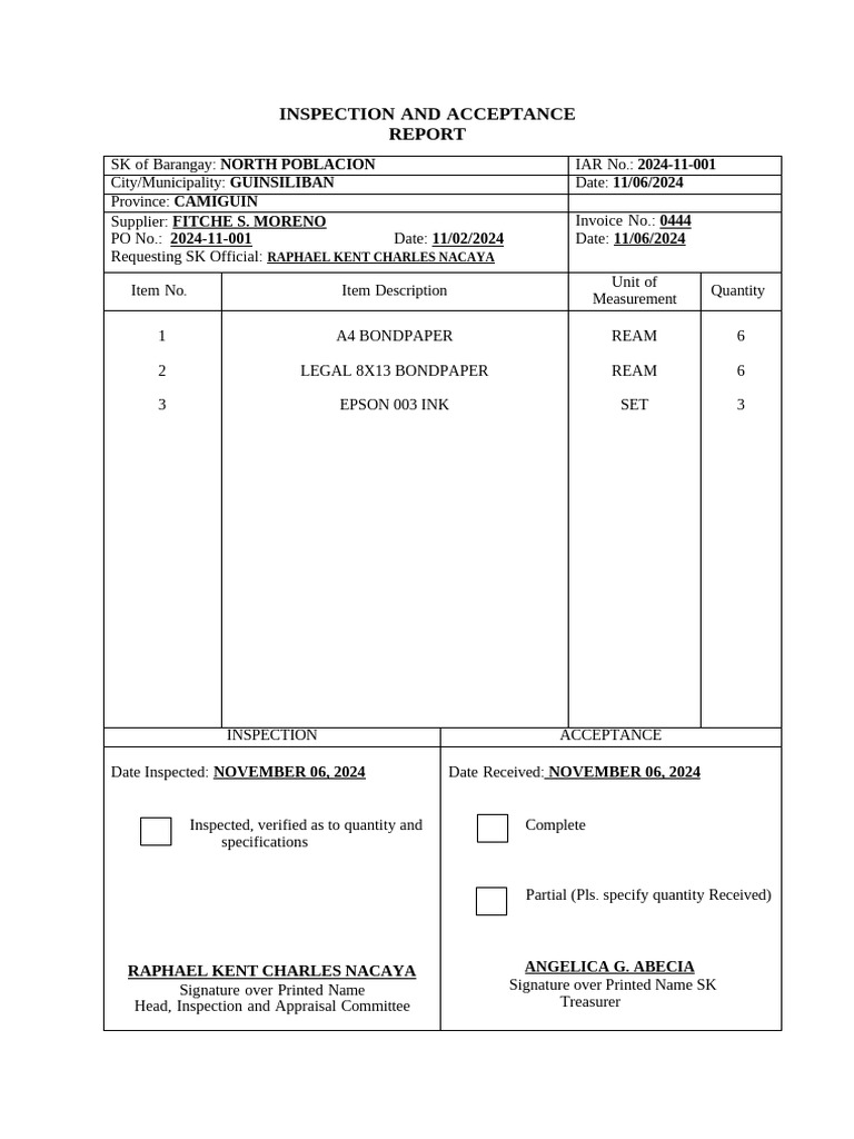 Inspection and Acceptance Report 1 | PDF