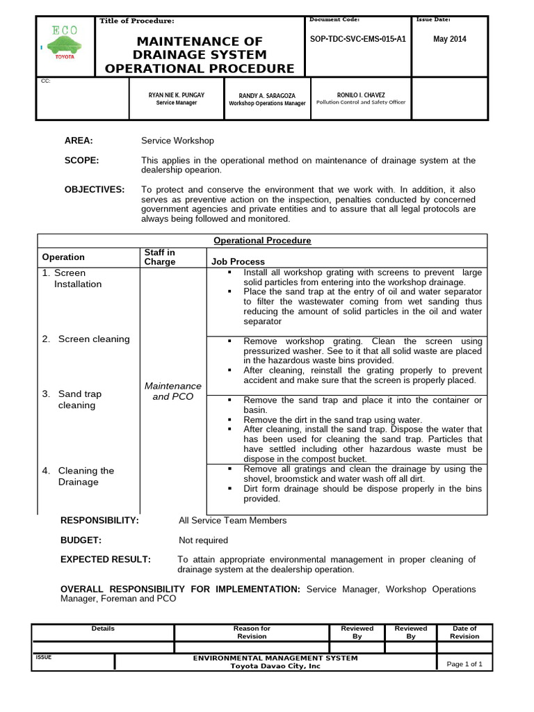 Workshop Procedure For Proper Maintenance of Drainage System | PDF ...