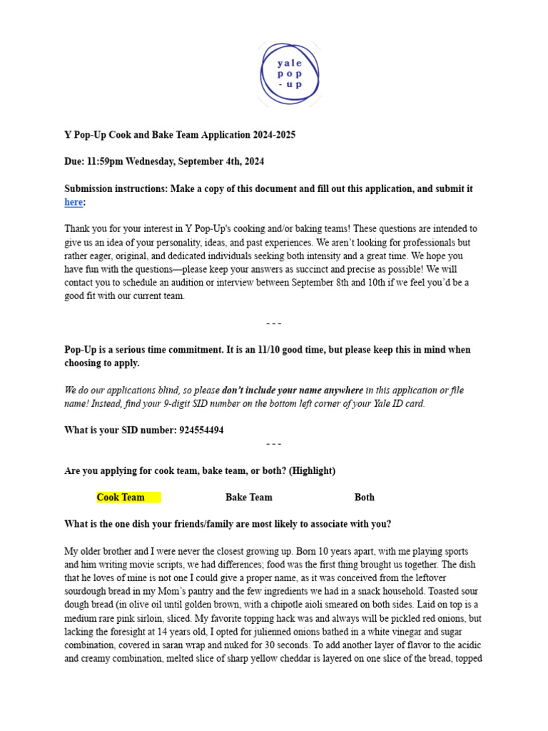 Y Pop-Up Cook & Bake Team Application 2024 | PDF | Cooking | Zucchini