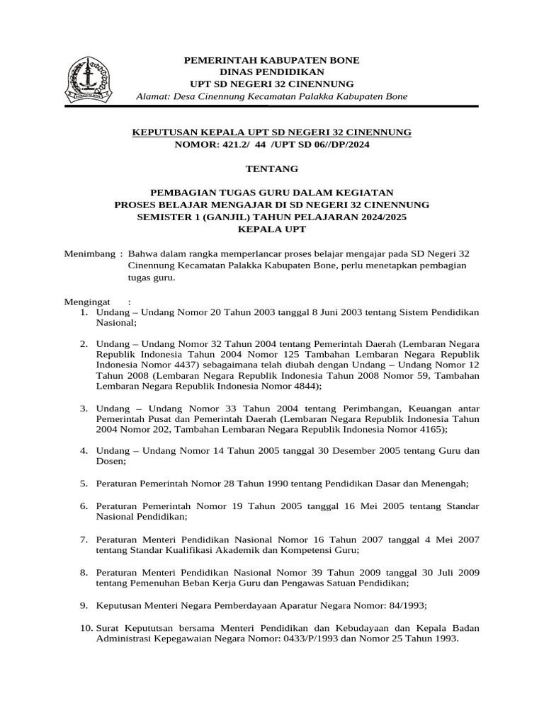 SK Pembagian Tugas Guru Semester Ganjil 2024 | PDF