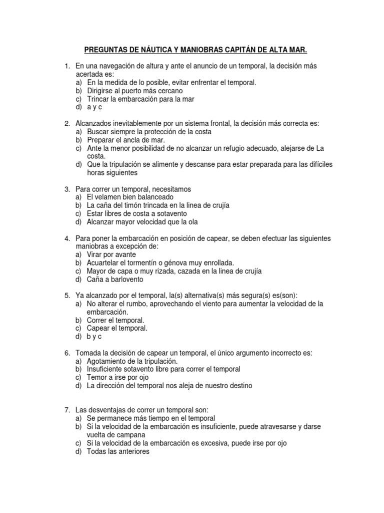 Cuestionario Alta Mar | PDF | Vela | Embarcación