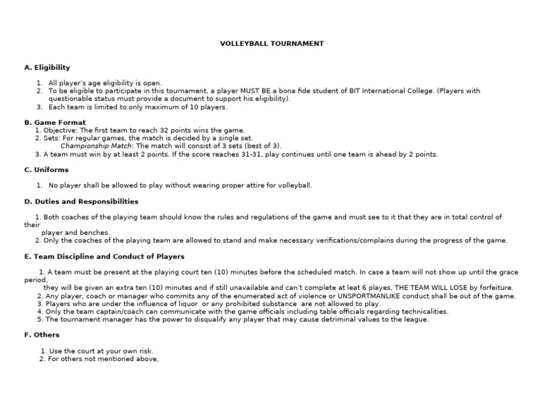 BIT International College Volleyball Tournament Rules | PDF
