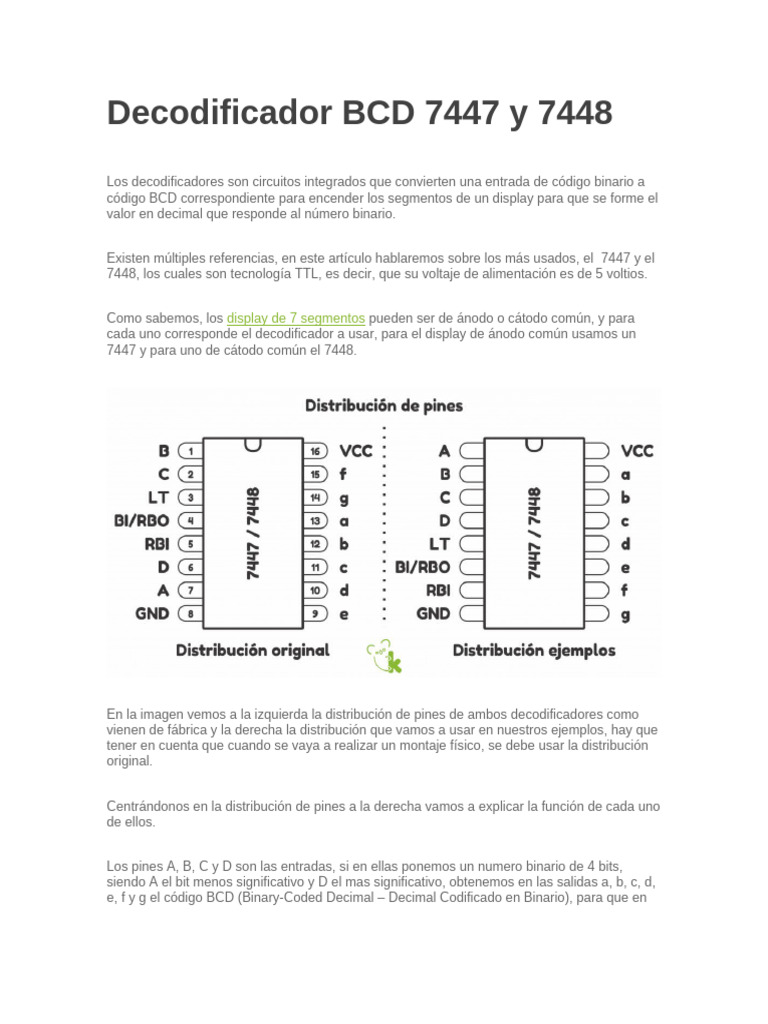 Decodificador BCD 7447 y 7448: Display de 7 Segmentos | PDF | Decimal ...