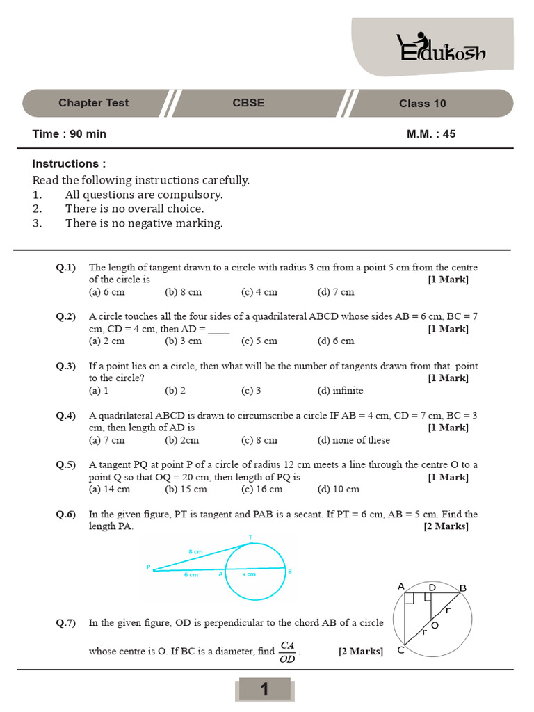 CBSE - Class 10th - Maths - Circle - Chapter Test | PDF | Circle ...