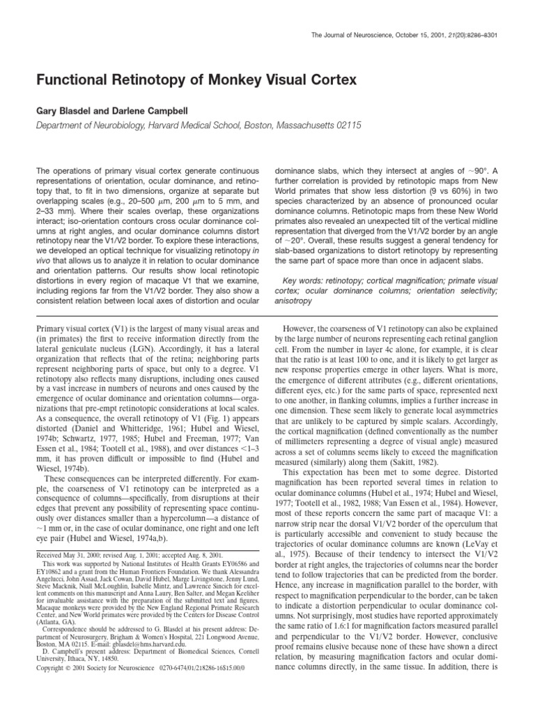 Gray Blasdel.2001.Functional Retinotopy of Monkey Visual Cortex | PDF | Visual Cortex | Eye