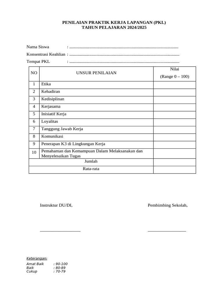 Lembar Penilaian PKL Siswa 2024/2025 | PDF
