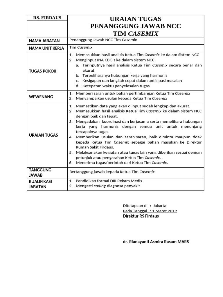 Penanggung Jawab NCC Tim Casemix | PDF