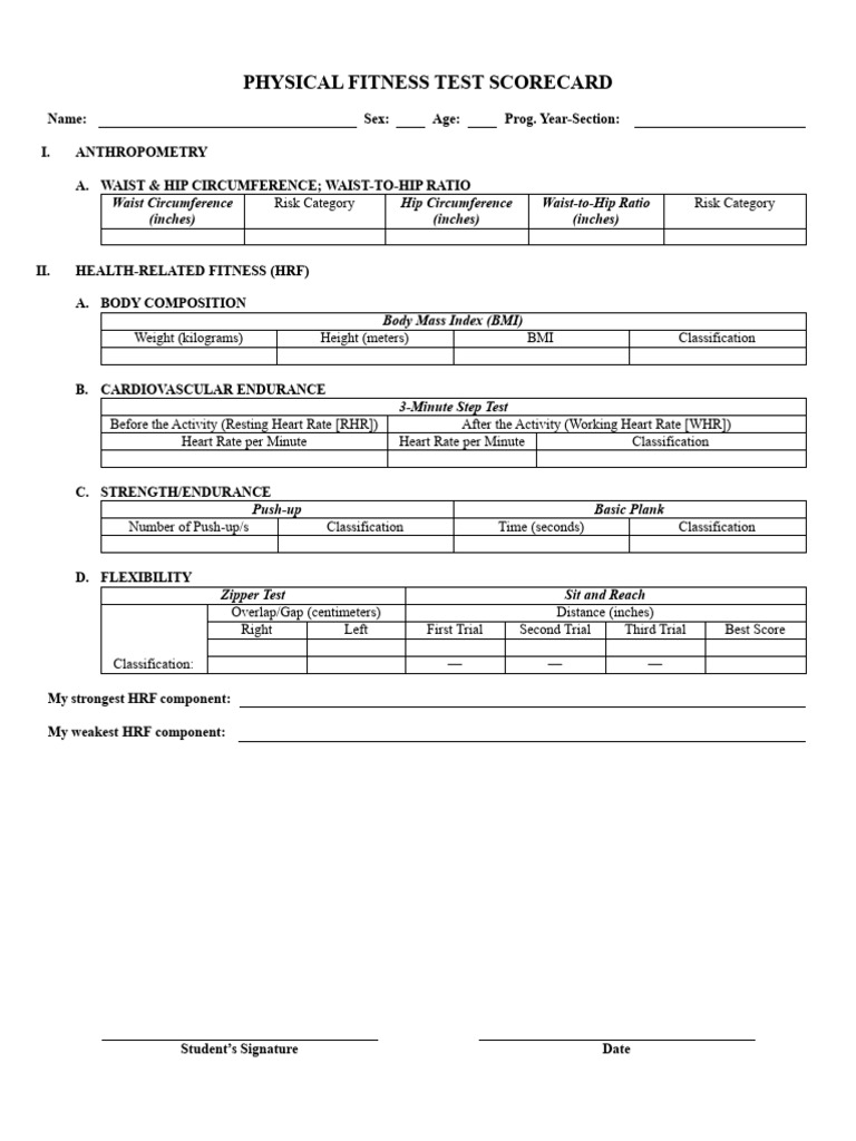 Physical Fitness Test Scorecard (HRF) | PDF | Body Mass Index | Causes ...