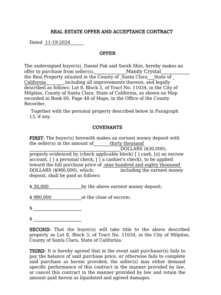 Real Estate Offer Contract - Milpitas CA | PDF | Sales | Title Insurance