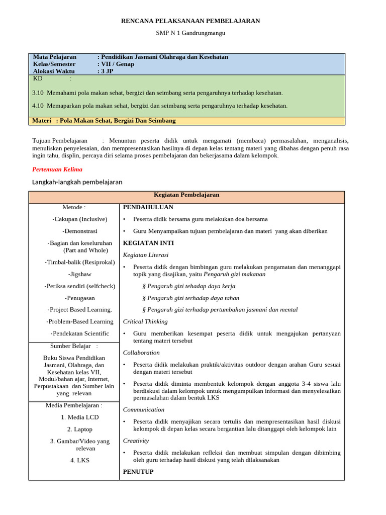 NEW - PJOK 7. RPP 10. Pola Makan Sehat, Bergizi Dan Seimbang - 5 | PDF