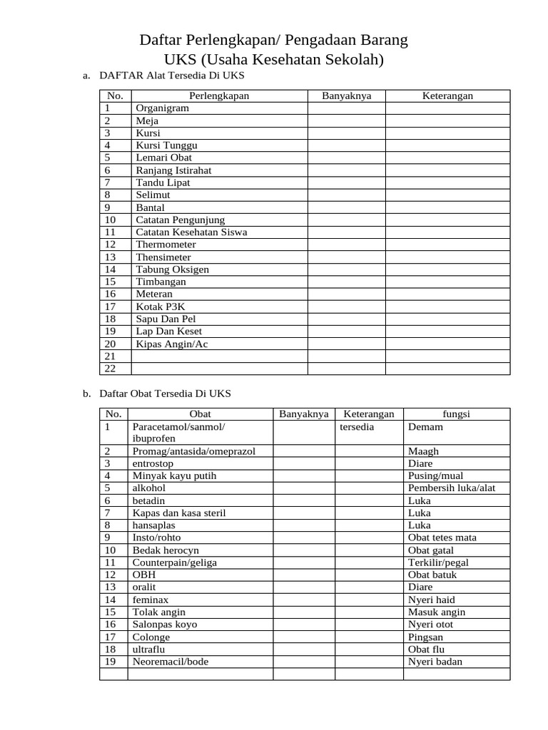 Daftar Perlengkapan Uks | PDF