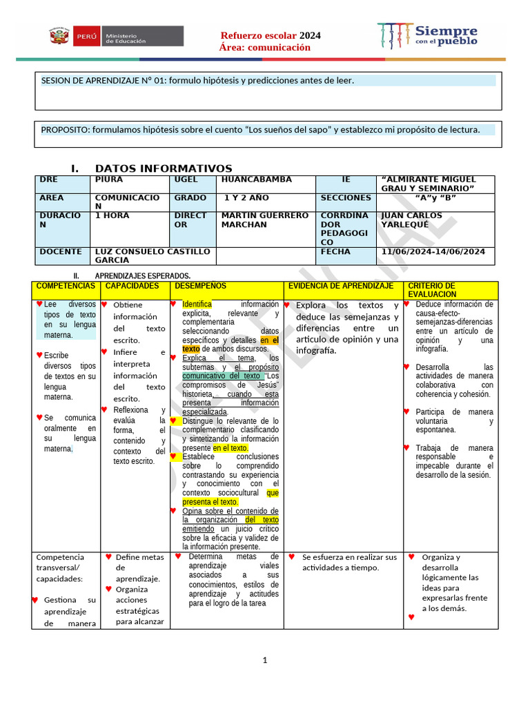 SESION DE APRENDIZAJE REFUERZO ESCOLAR, Ficha 3, Act 15alee 4° y 5 Año | PDF | Aprendizaje ...