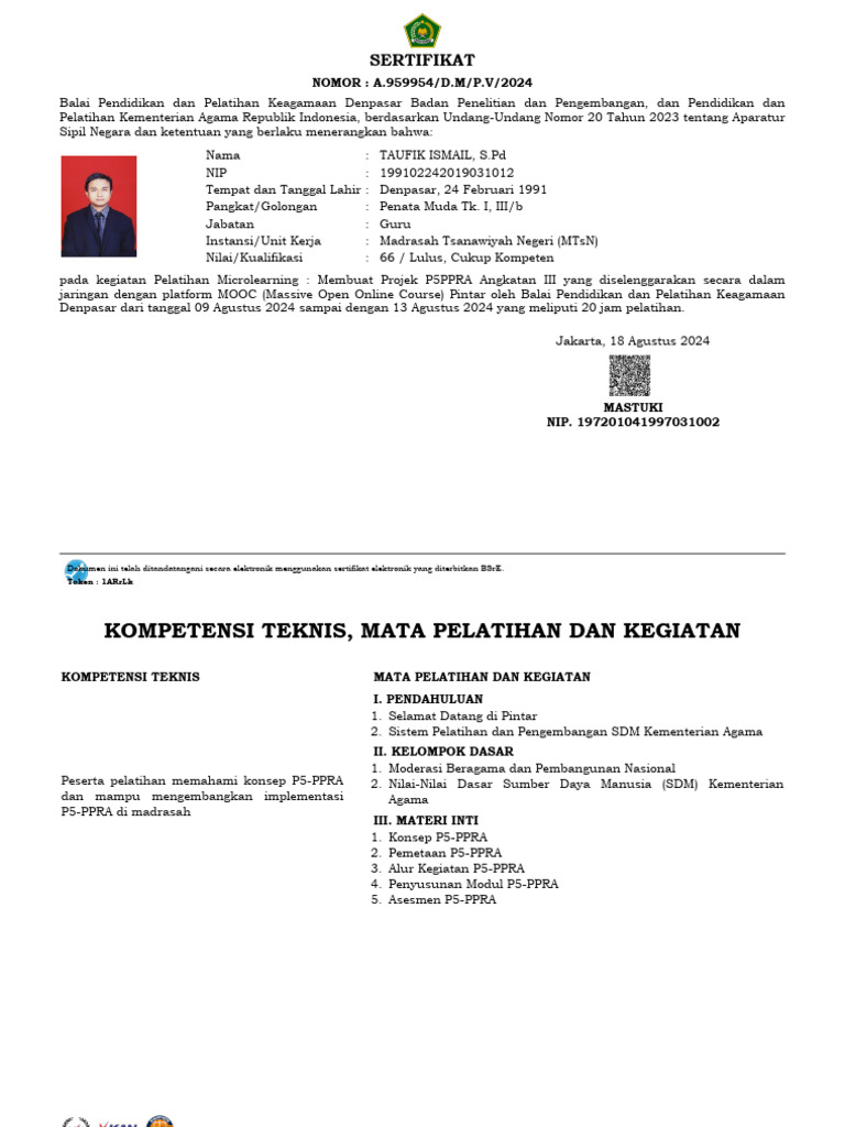 Sertifikat Pelatihan Microlearning P5PPRA | PDF