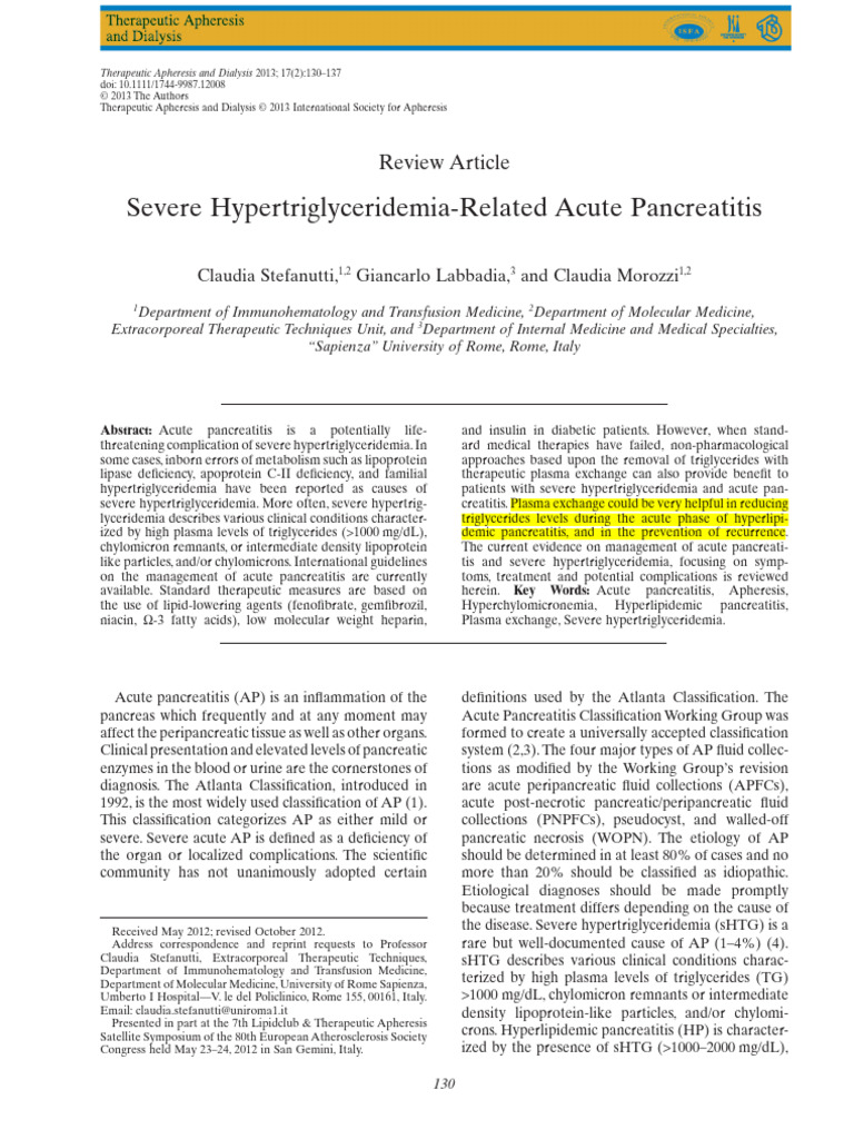 Severe Hypertriglyceridemia-Related Acute Pancreatitis | PDF | Lipoprotein | Medical Specialties