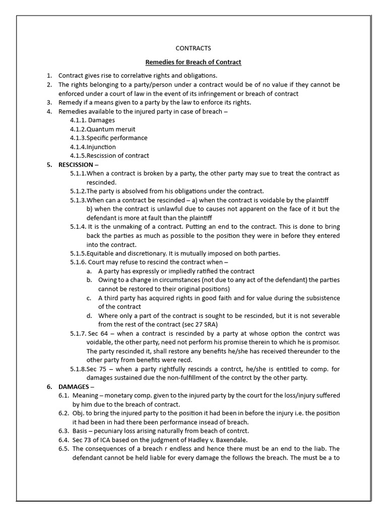 Remedies for Breach of Contract Explained | PDF | Legal Liability | Damages