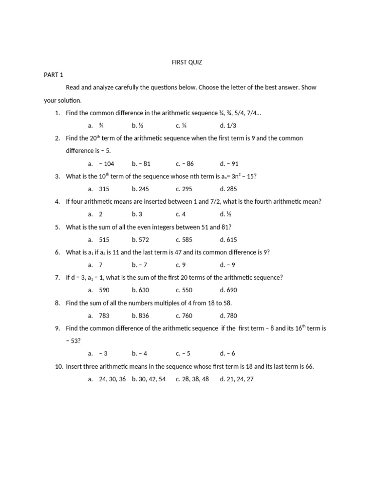 1st Quiz Arithmetic Sequence | PDF