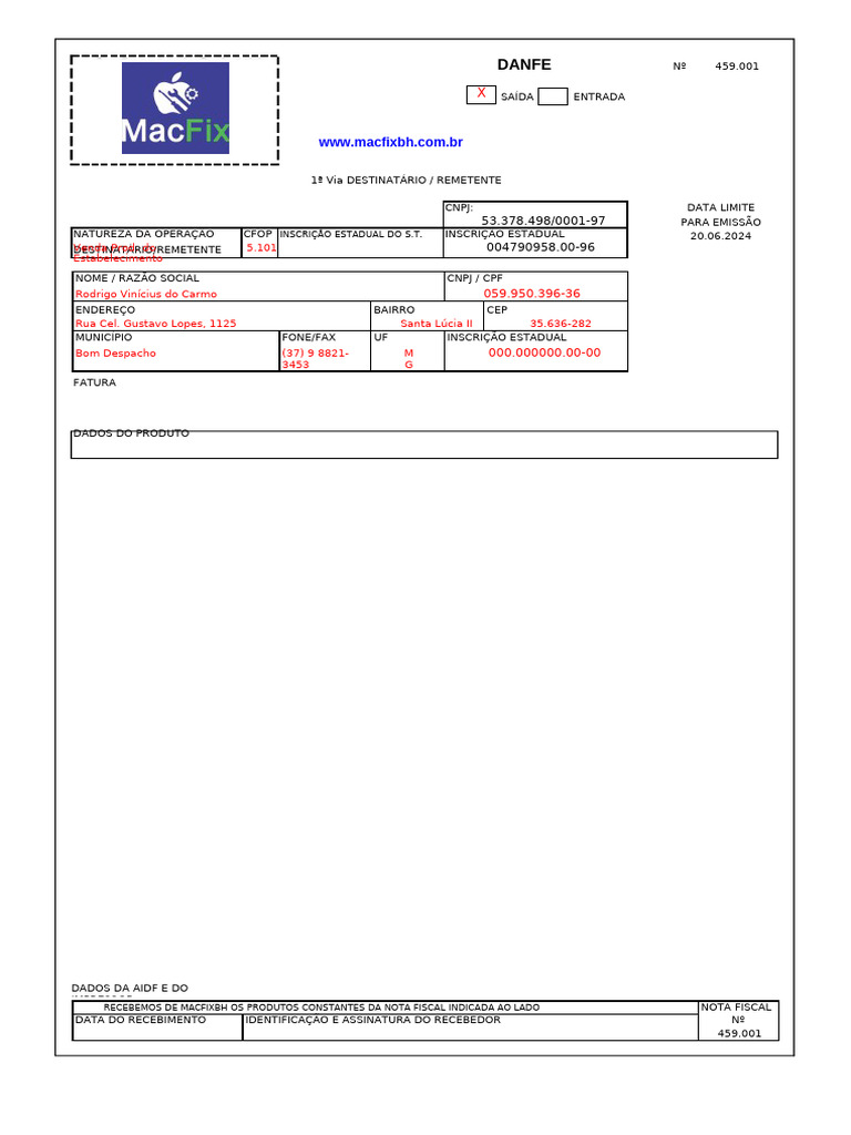 Modelo de Nota Fisacal DANFE | PDF | Recibo