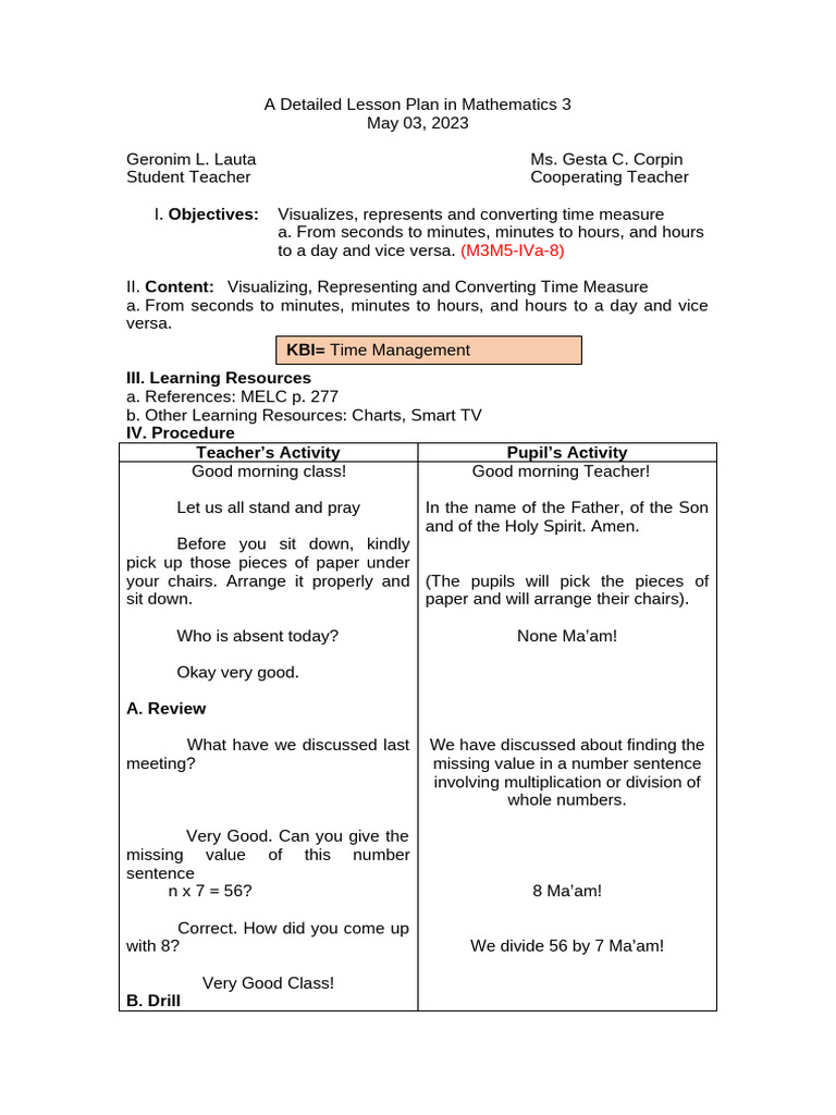 A Detailed Lesson Plan in Mathematics 3 - 093113 | PDF | Clock | Cognition