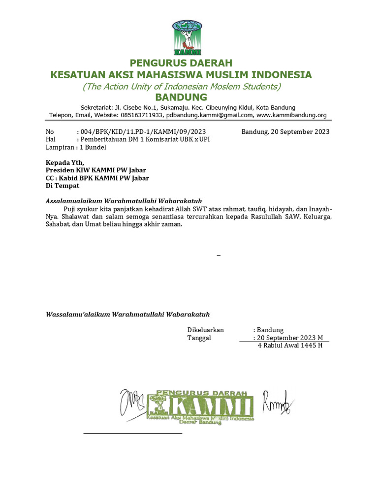 004 - Surat Pemberitahuan DM 1 UBK X UPI (Kammi Bandung) | PDF