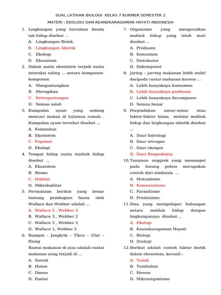 Soal Latihan Biologi Kelas 7 Kurmer Semester 2 | PDF